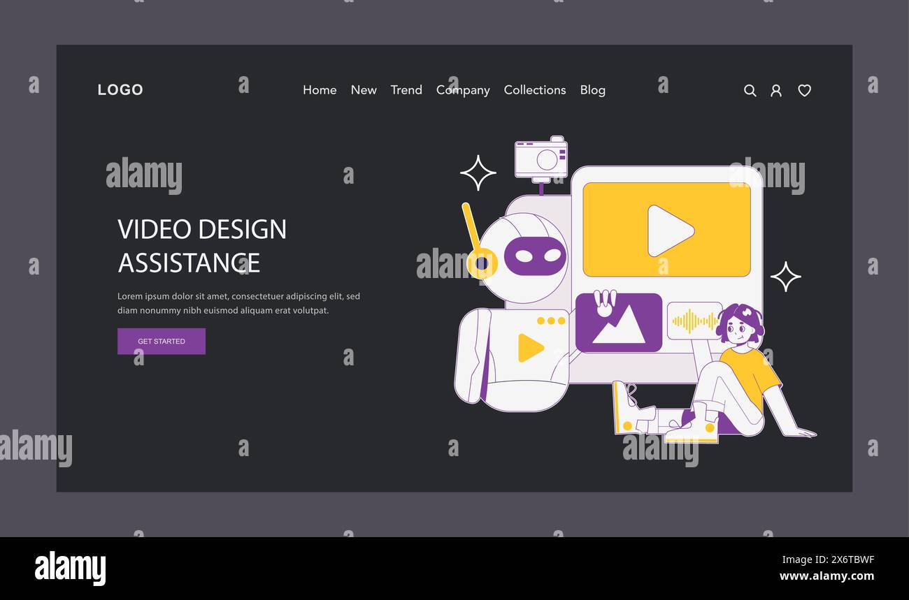 AI for Video Creation concept. A robot assists a content creator with video editing tools on a ...