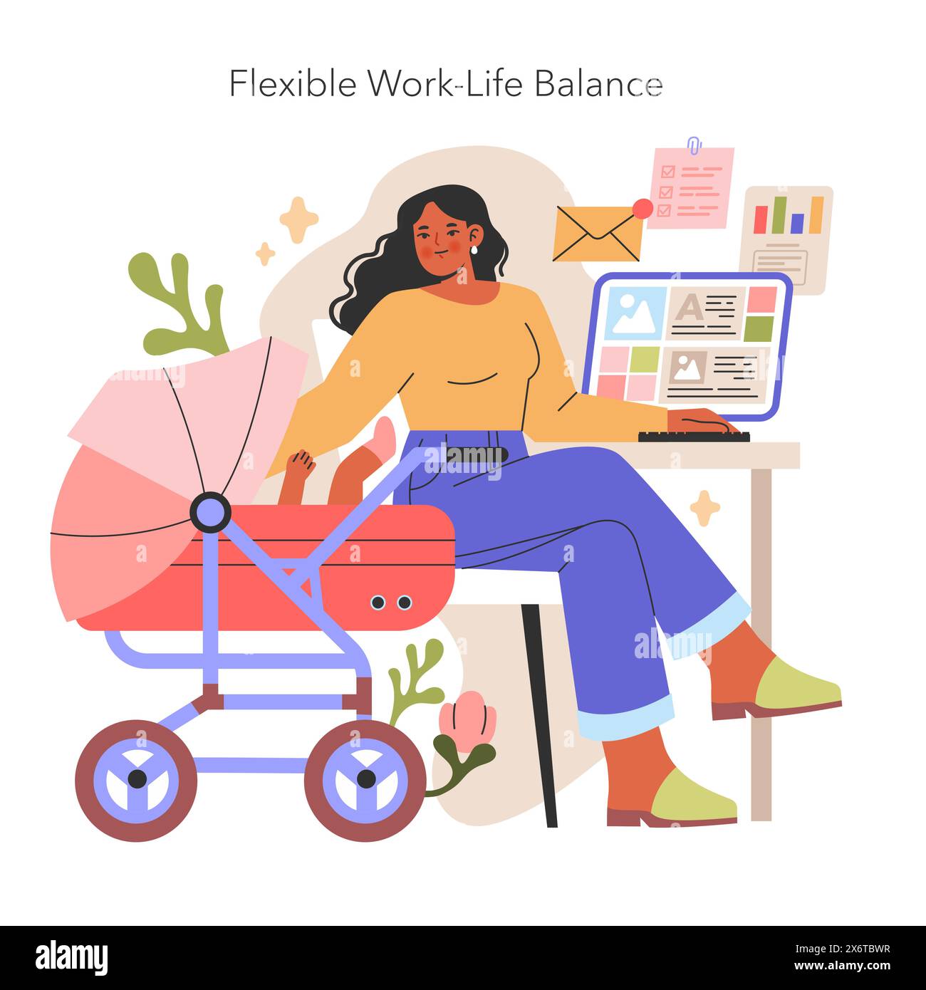Flexible Work-Life Balance illustration. Depicts a millennial mother ...
