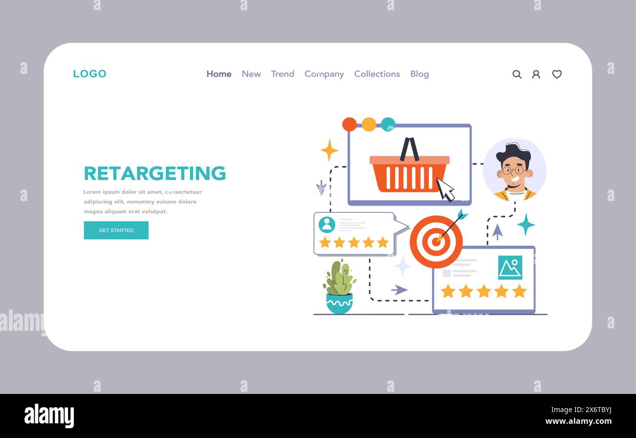 Retargeting strategy web or landing. Man reconnects with abandoned cart ...