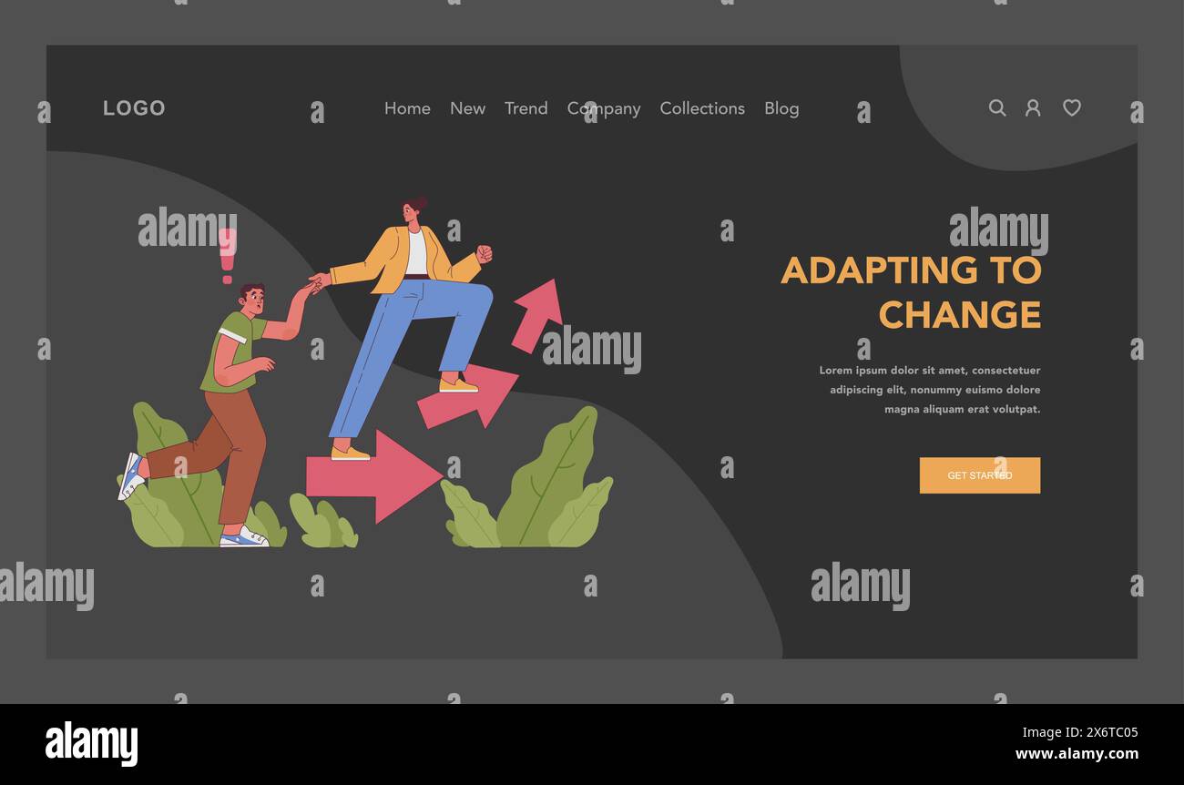 Adapting to change concept. Woman jumping on moving arrows, giving ...