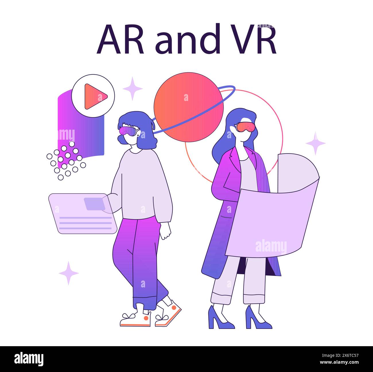 AR and VR concept. Two figures engage with augmented and virtual reality technology elements ...