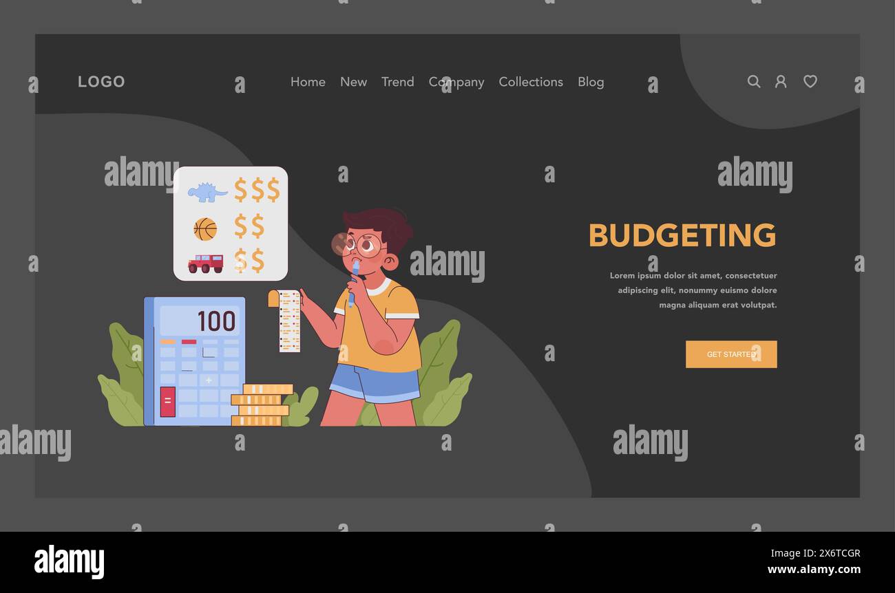 Budgeting dark or night mode web, landing. Boy calculates and assesses ...
