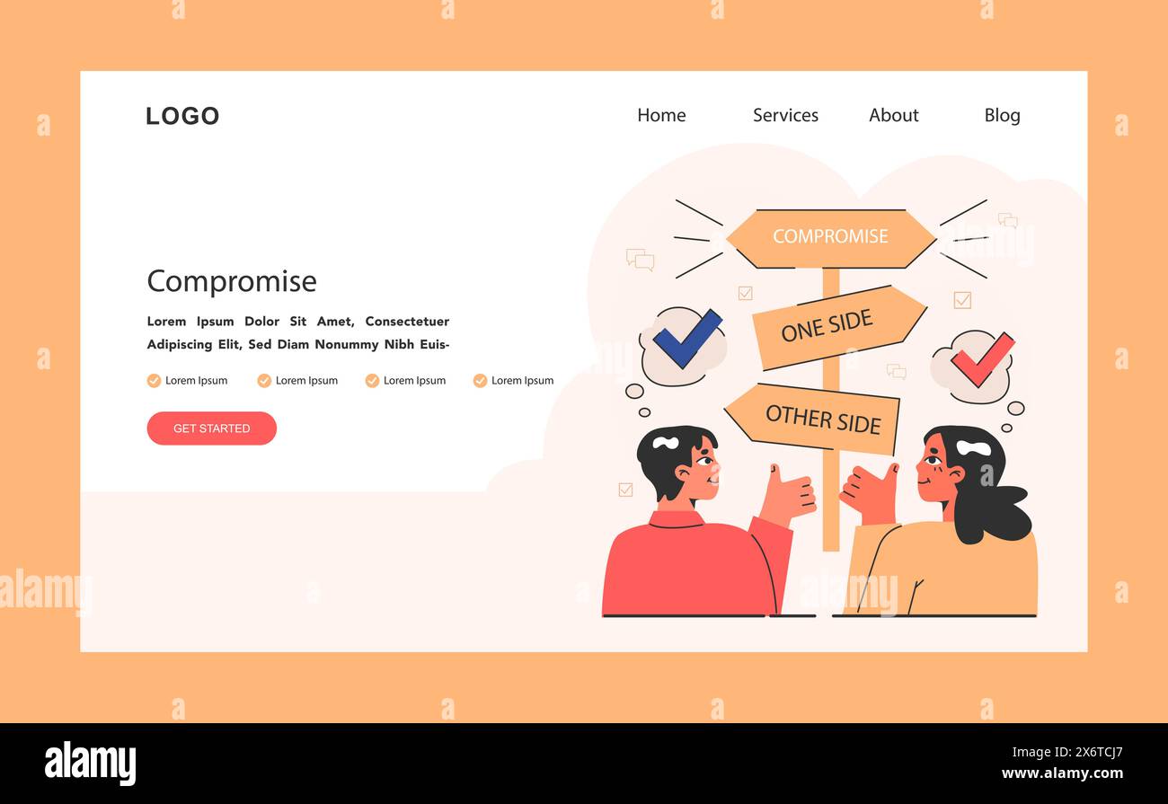 Compromise web or landing. Two professional businesspeople find middle ...