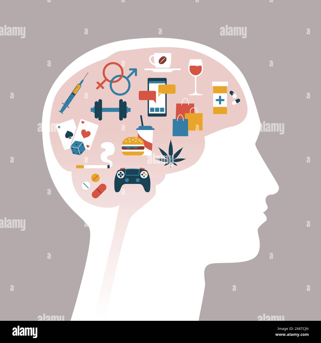 Human head section and addiction types icons: mental disorder concept ...