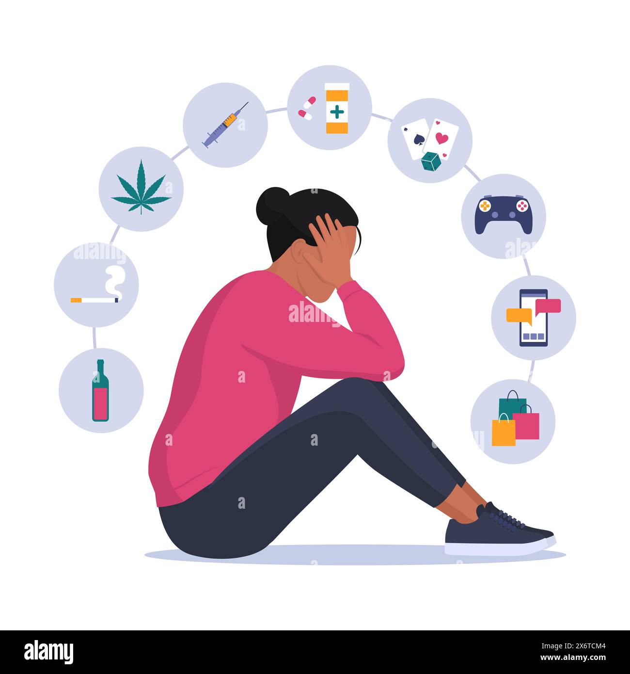 Types of addiction infographic with icons and depressed woman: mental ...