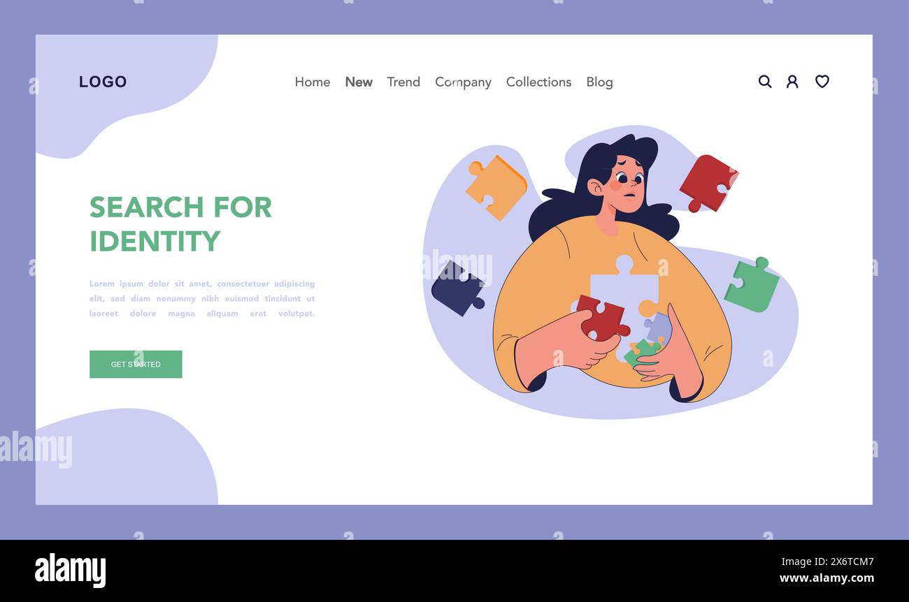 Search for identity concept. Pensive woman fitting puzzle pieces ...