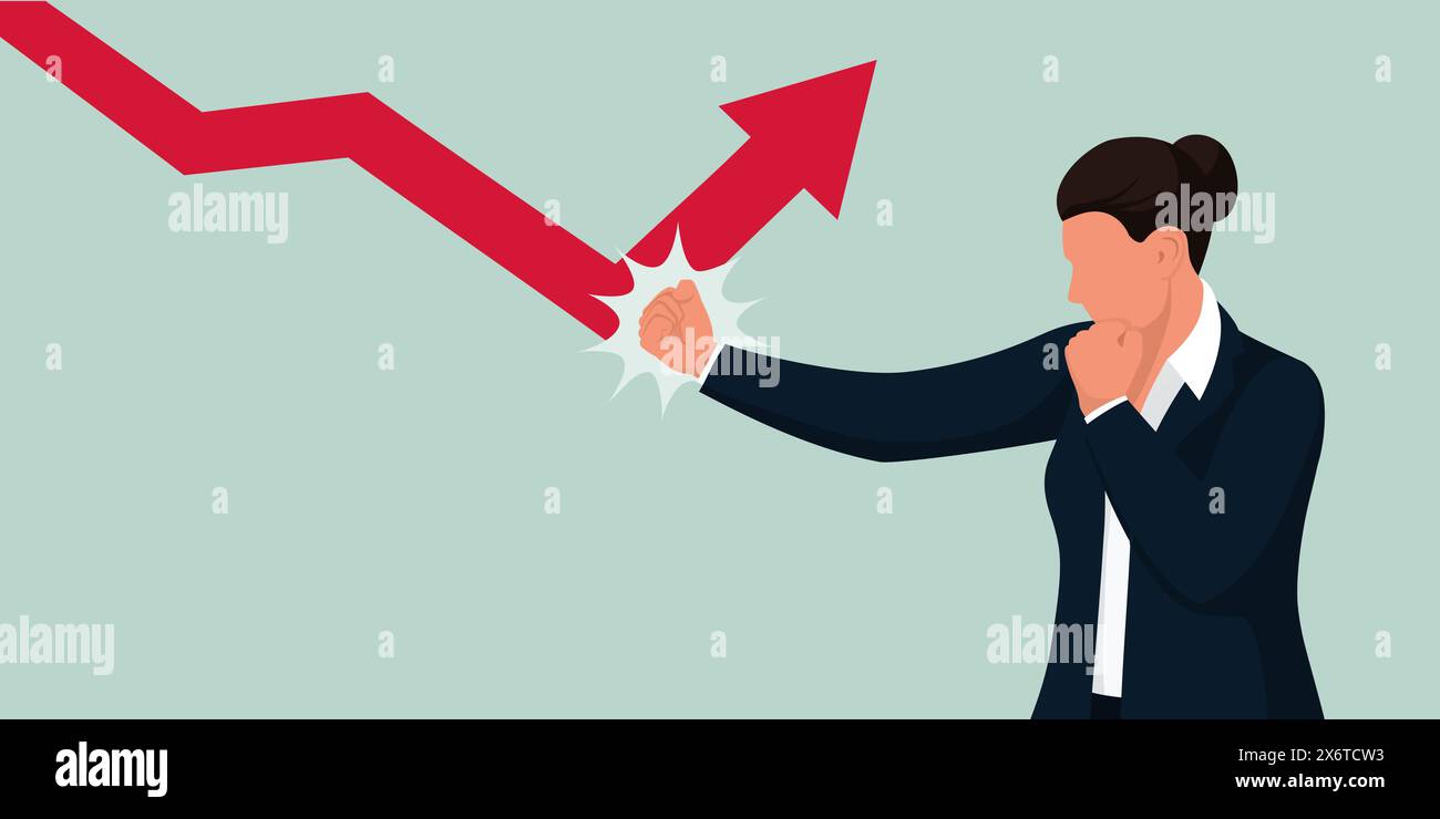 Corporate businesswoman punching an arrow in a financial chart and ...
