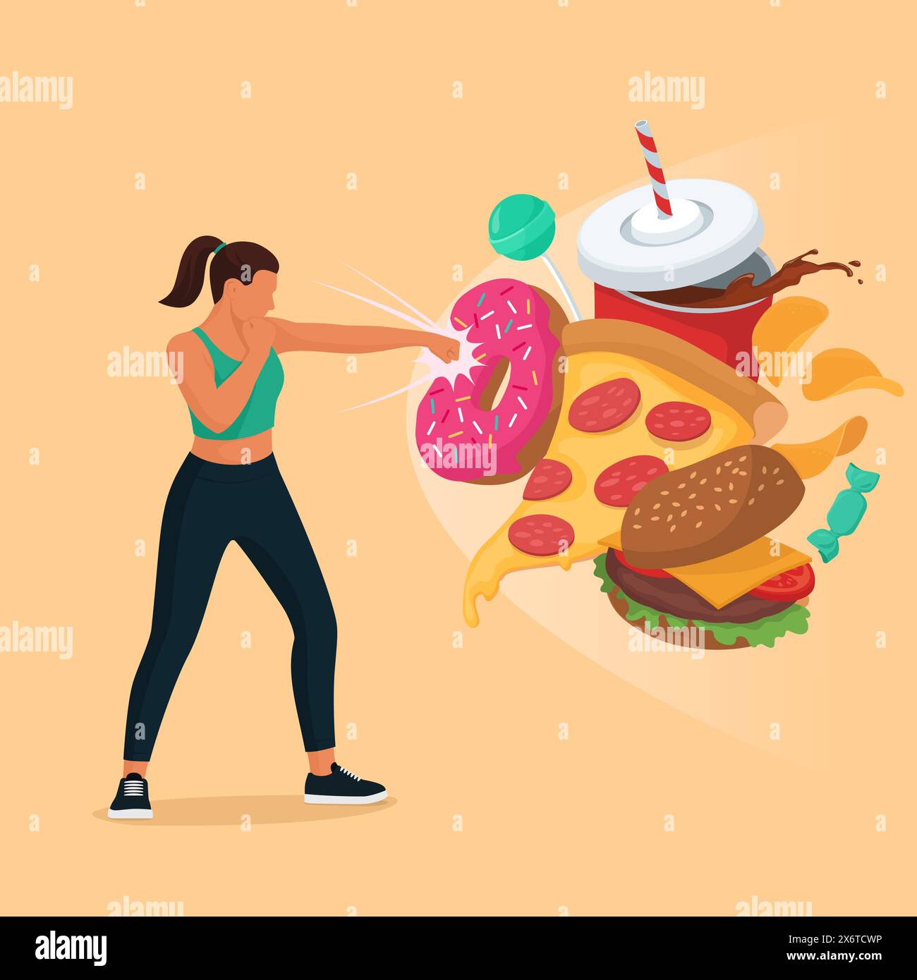 Healthy fit woman rejecting and punching junk food: healthy diet and ...