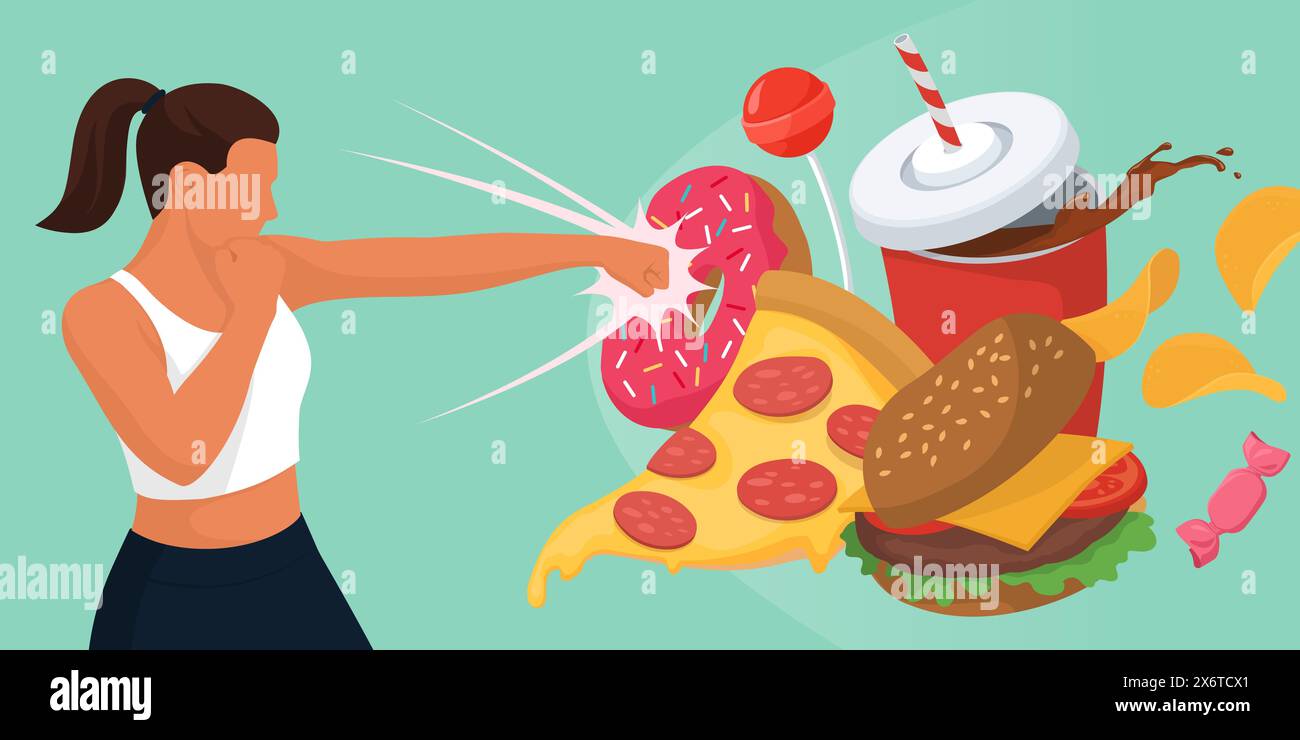Healthy fit woman rejecting and punching junk food: healthy diet and ...
