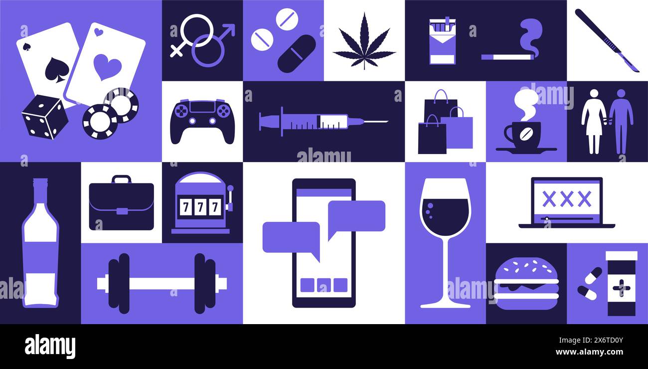 Substance and behavioral addictions banner with icons, mental disorders ...