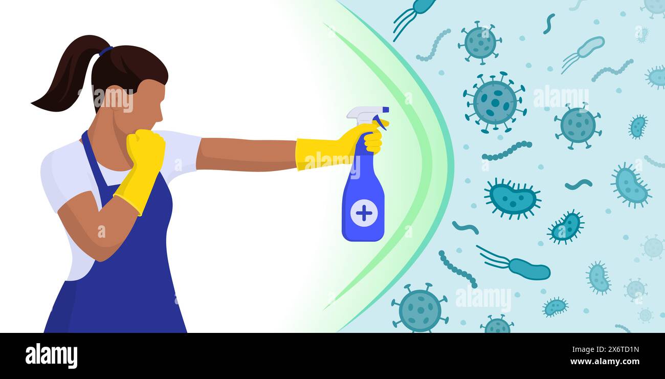 Woman fighting germs with a spray detergent: prevention and hygiene ...