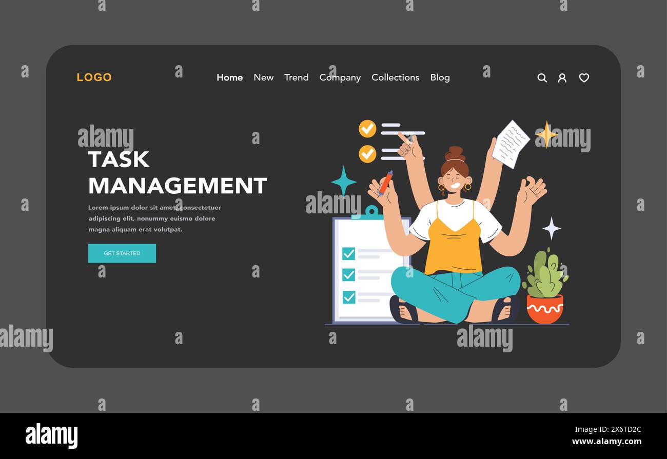 Task management dark or night mode web, landing. Businesswoman completing tasks, holding a pen ...