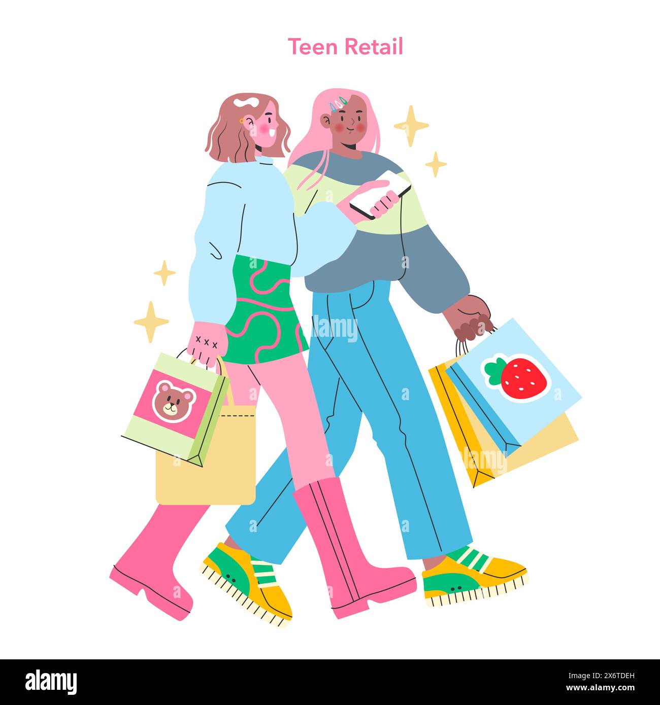 Teen Retail Bliss. Two happy teens with vibrant shopping bags embody ...