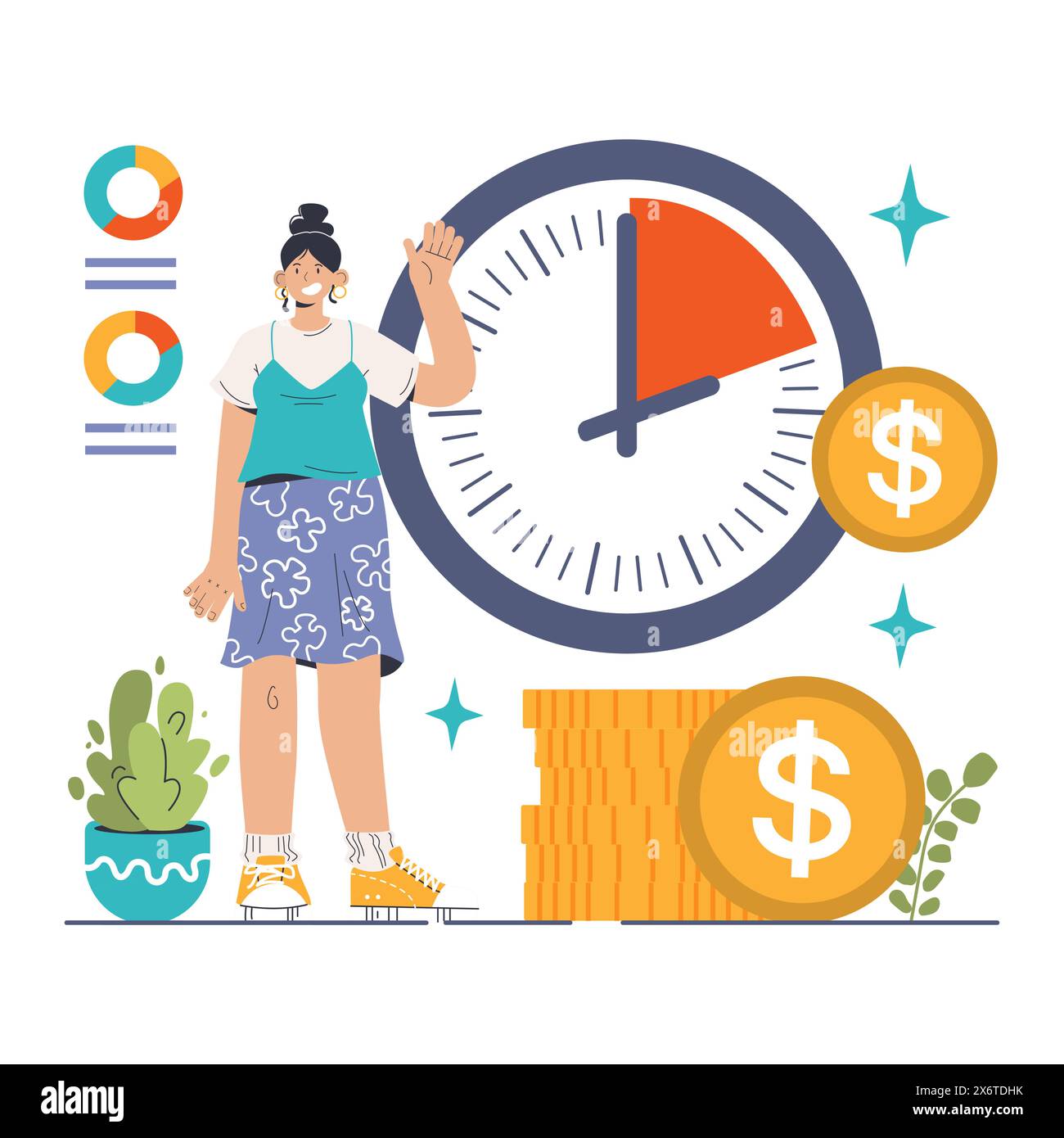 Financial Planning concept. Woman balancing time and budget, next to ...