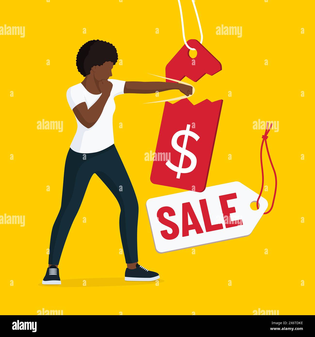 Confident woman punching and breaking a big price tag, sale and ...