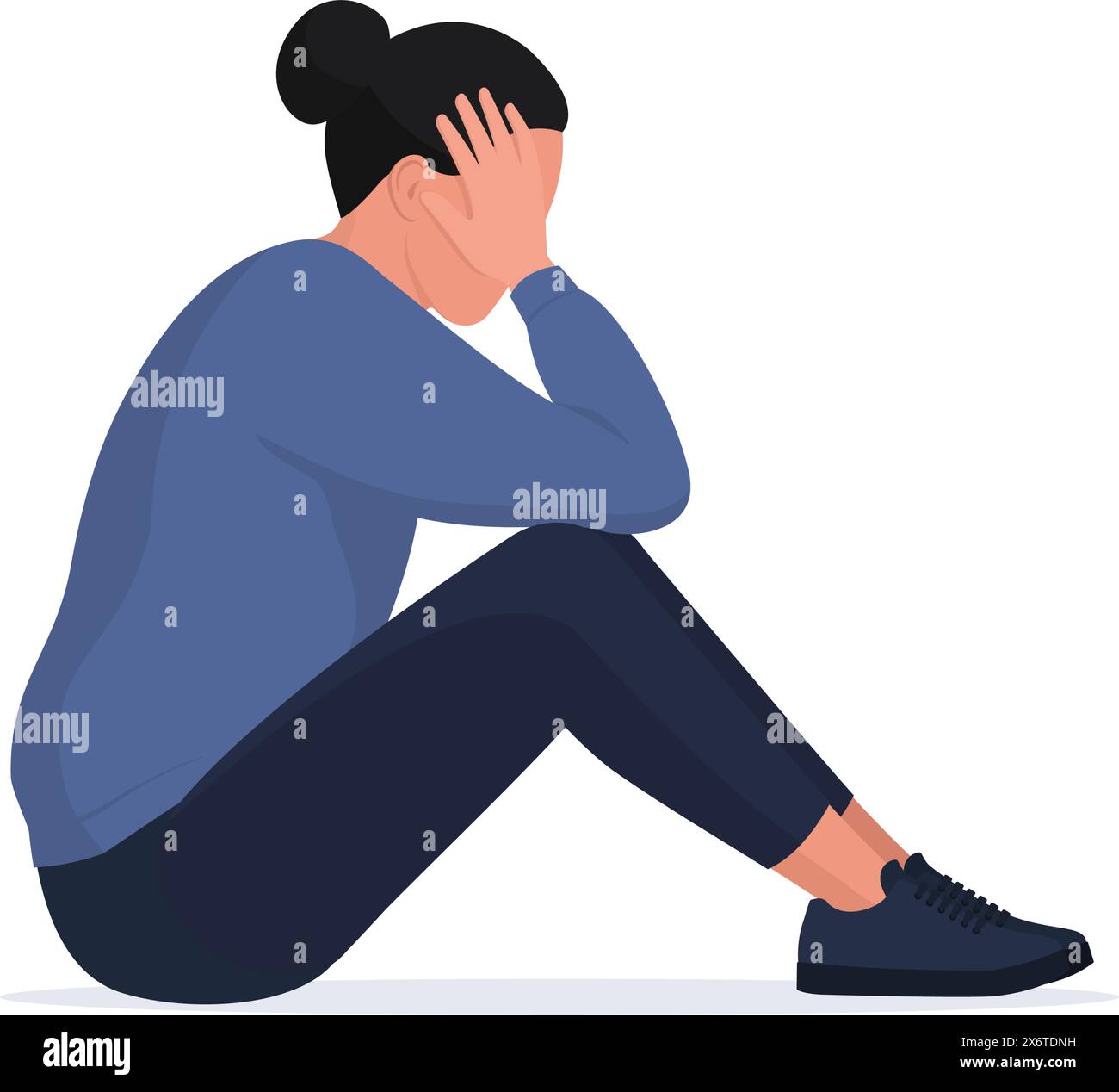 Sad worried woman sitting and thinking with head in hands, isolated ...