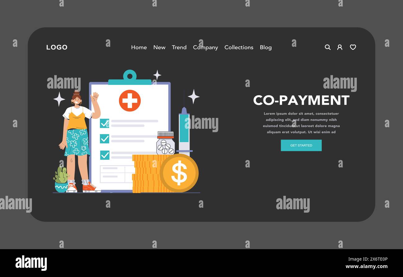 Co-payment concept. A cheerful individual gestures to a checklist, with ...