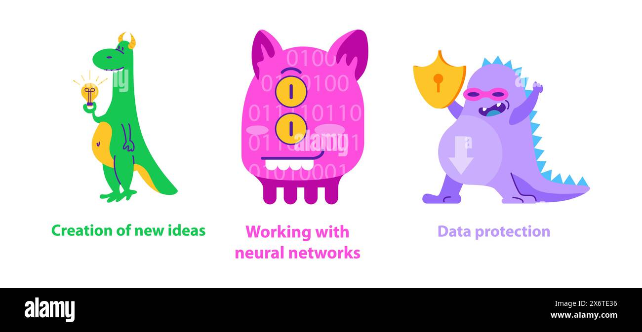 Monster Helpers set. Creative thinking and innovation, managing digital ...