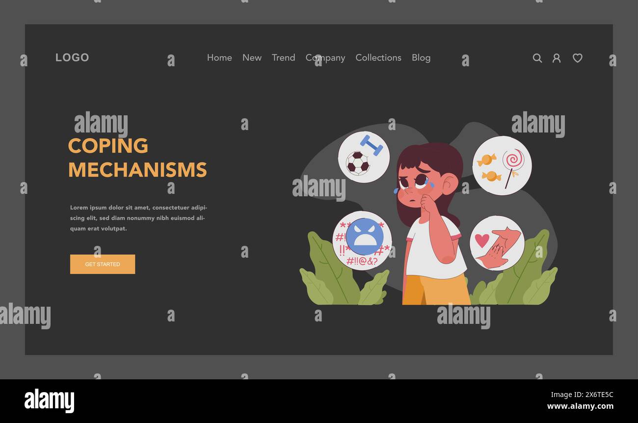 Coping mechanisms dark or night mode web, landing. Crying girl varied ...