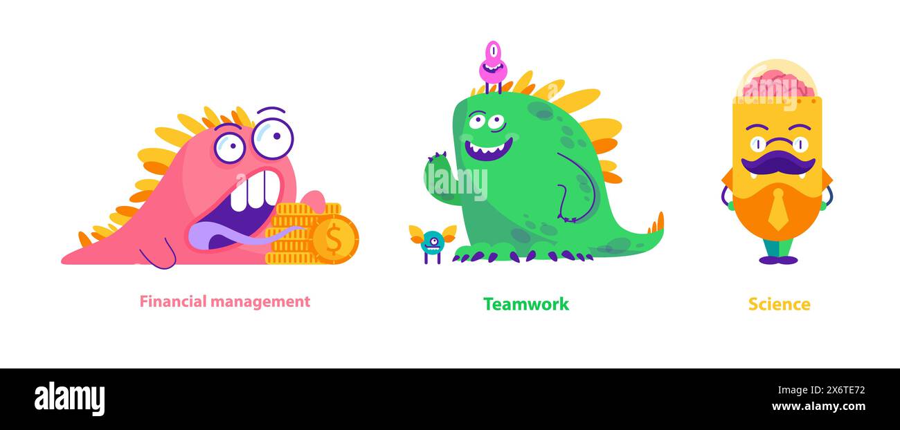 Monster helpers set. Whimsical creatures representing financial ...