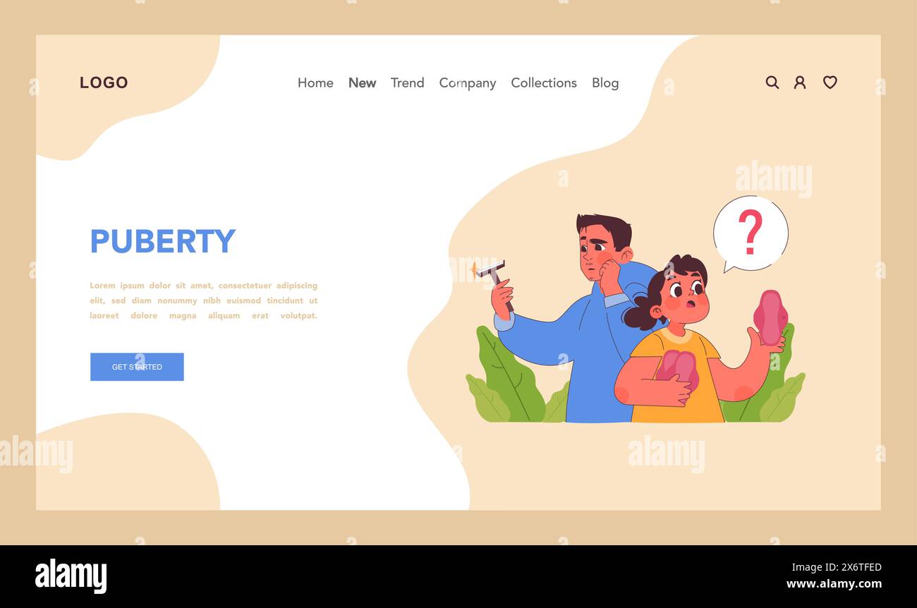 Puberty concept. Curious girl with a question mark, boy with a razor ...