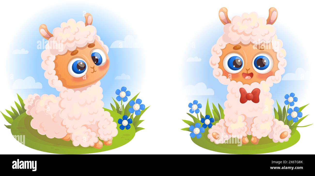 Cute little Llama alpaca. Happy cartoon animals with bleu flowers ang ...