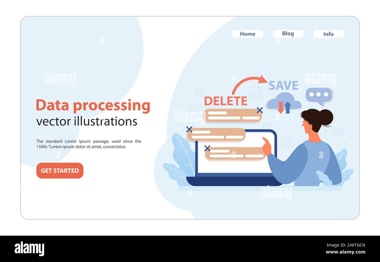 Data processing concept. A woman digitally organizes information, selecting options to save or ...