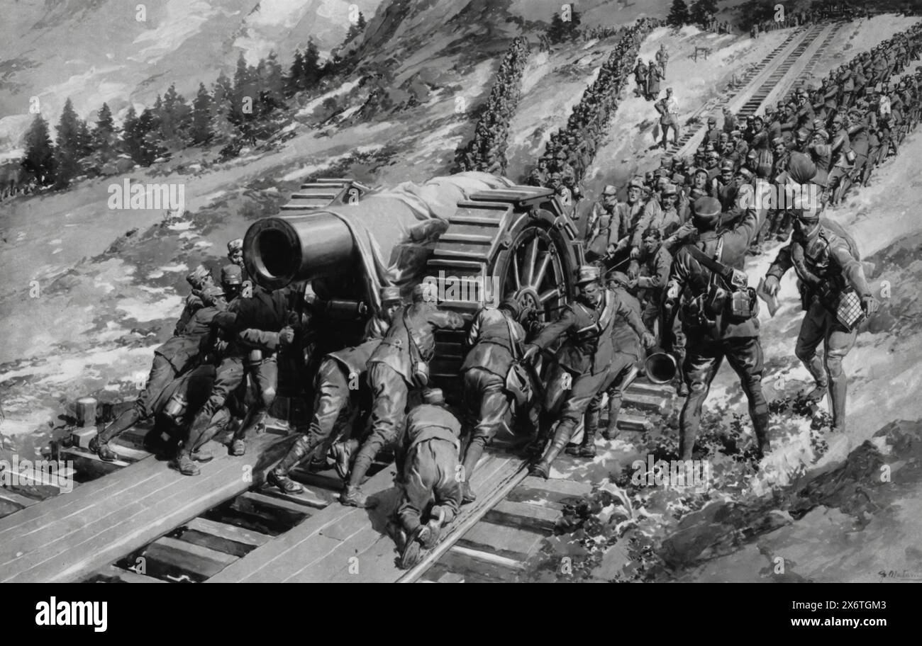 An image depicting Italian soldiers hauling a large artillery cannon up ...