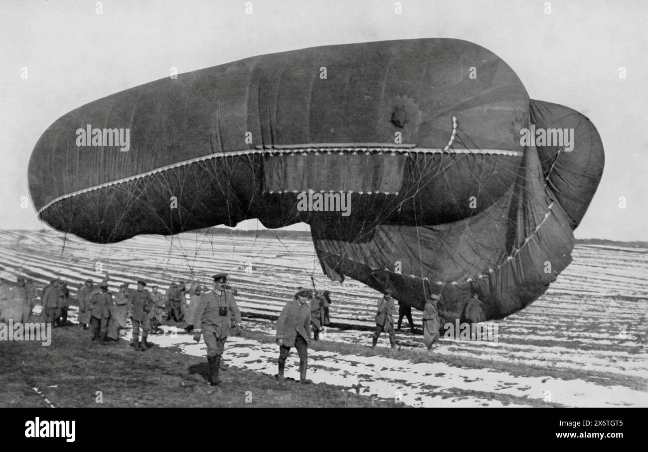 A photograph showing a German observation balloon about to ascend the ...