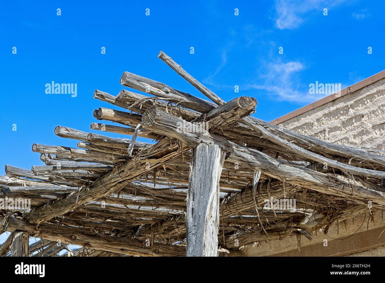 Weathered timber porch roof at Indian war era Fort Stockton under ...