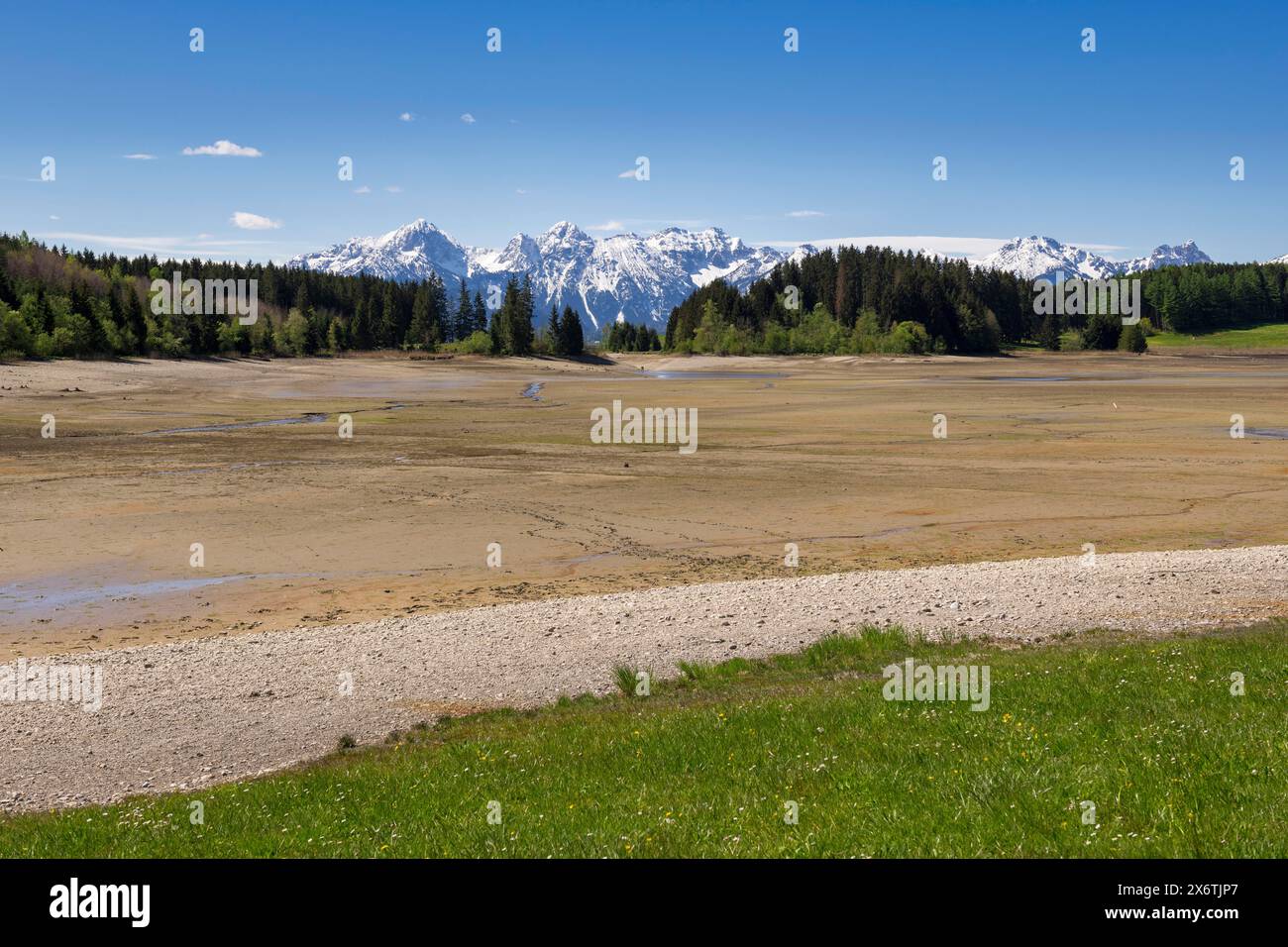 Drained Forggensee, empty, reservoir, flood protection, meadow, Allgaeu ...