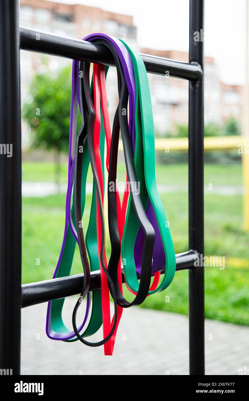 set of colorful elastic fitness bands . fitness trend for home workouts ...