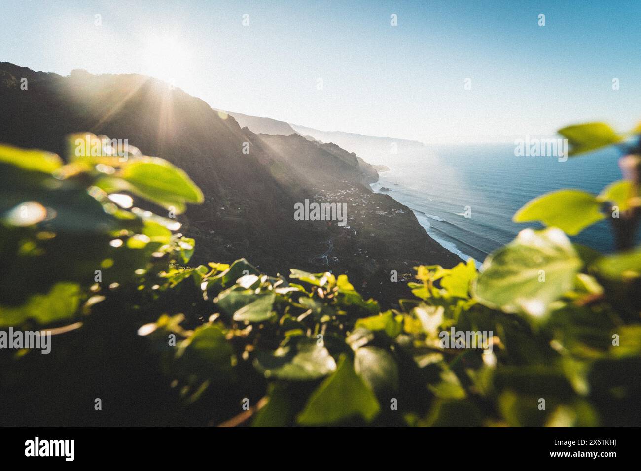 The first rays of sunshine of the day shine over a lush coastal ...