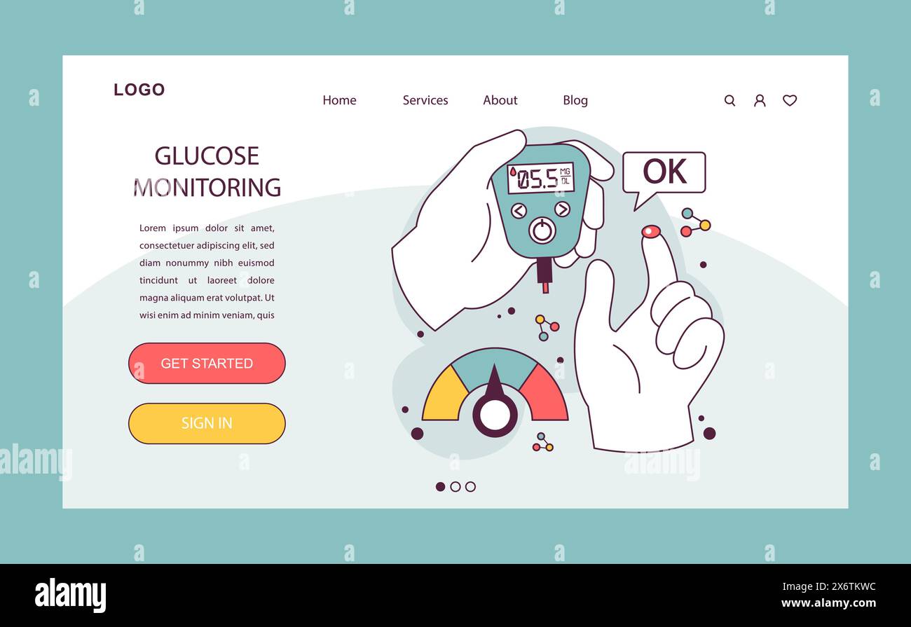 Diabetes web banner or landing page. Measuring sugar blood with ...