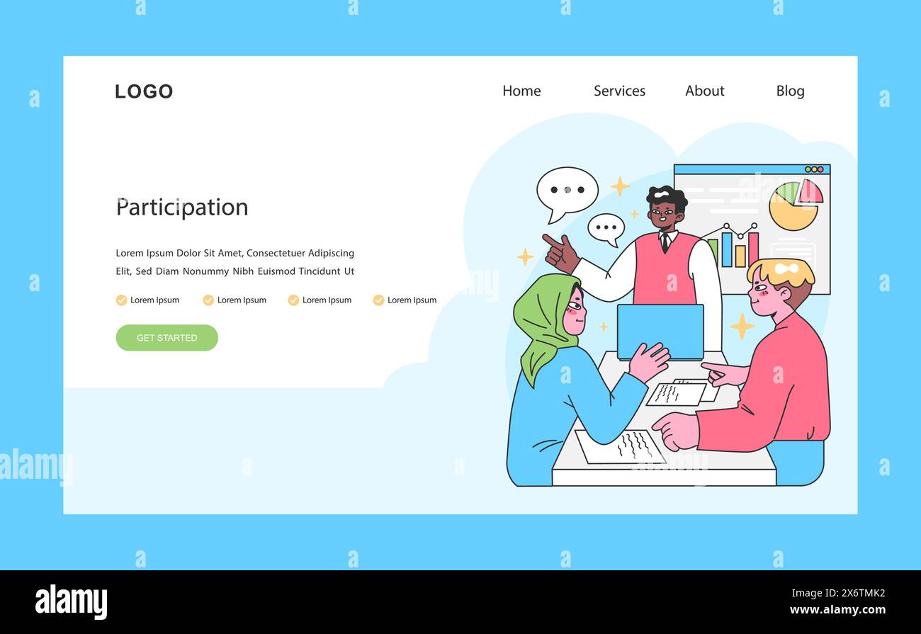 Participation web or landing. Diverse team collaborates on project ...