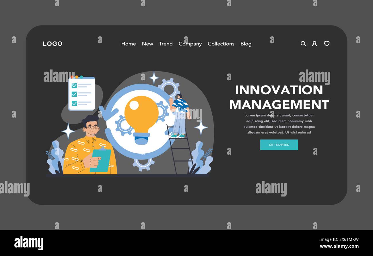 Innovation Management night or dark mode web or landing page. Continuous improvement and ...