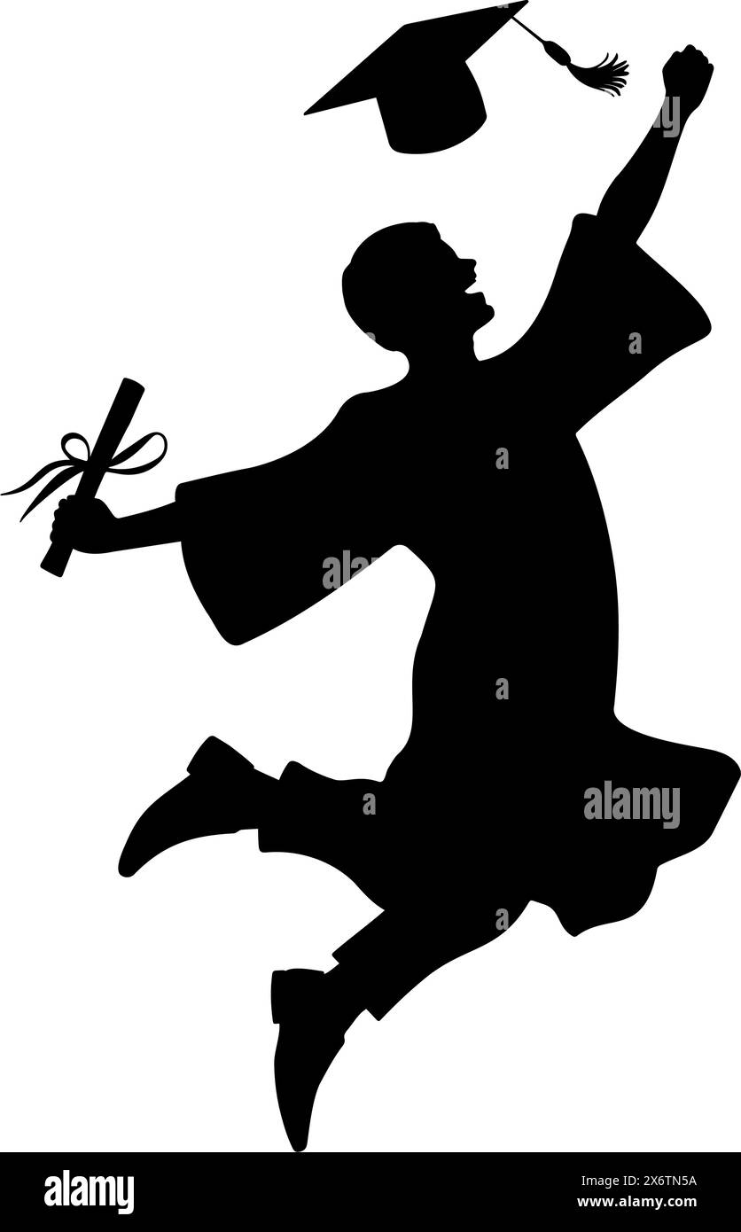 Silhouette of a male graduate jumping and throwing his academic cap in ...