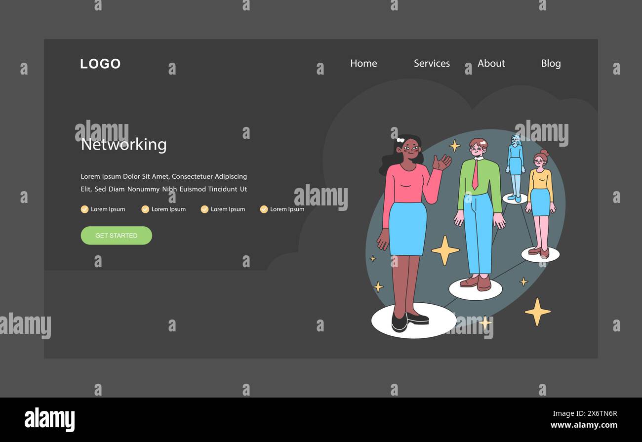Networking dark or night mode web, landing. Female business character ...