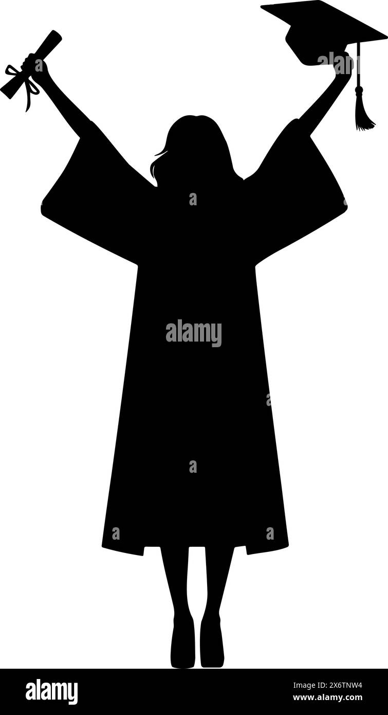 Silhouette of a female graduate with arms raised in a victory pose ...