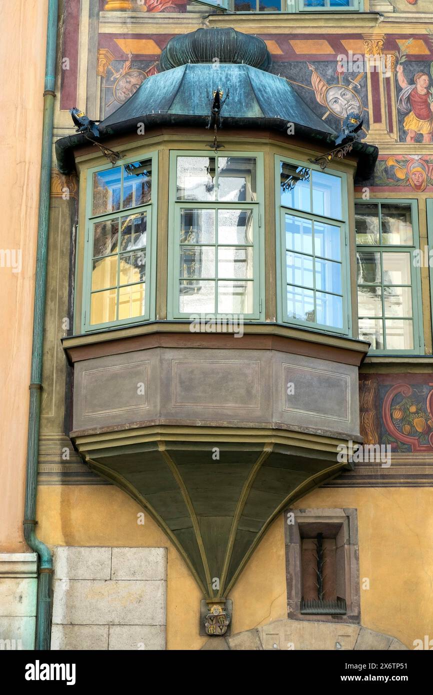 Historic house facade and decorated bay window in the old town of ...