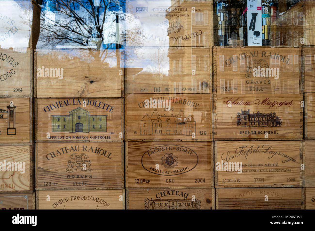 Wine crates in a shop window, Invalides Cathedral, Paris, Ile-de-France ...