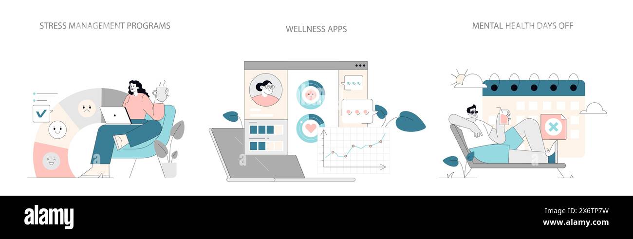 Mental Health Awareness set. Digital solutions for stress relief and ...