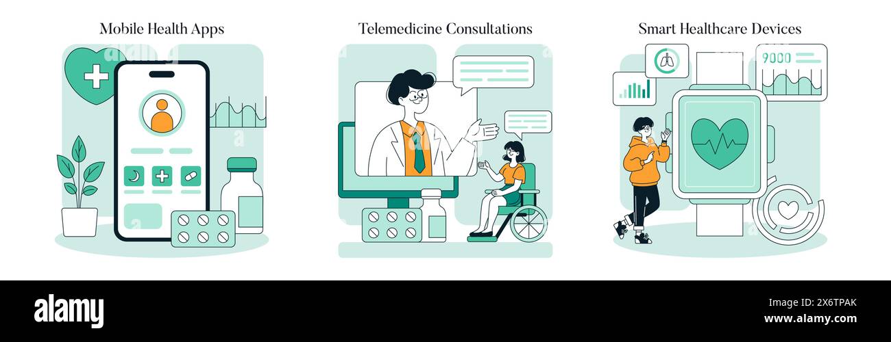 Digital Healthcare set. Depicts mobile health apps, telemedicine ...