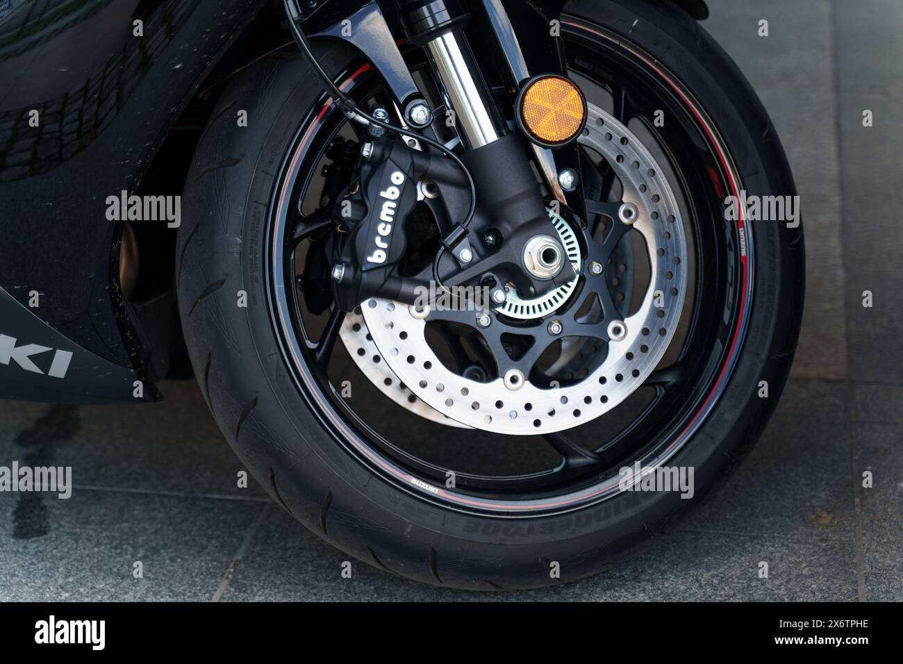 Wroclaw, Poland - August 4, 2023: A detailed view of the front wheel of ...