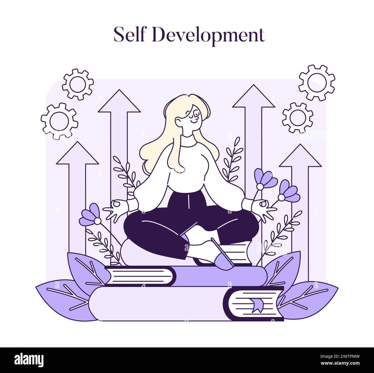 Self Development concept. Depicts a peaceful woman meditating on ...