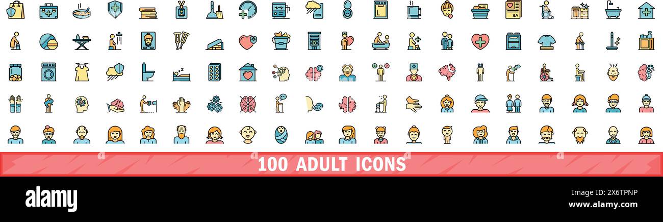 100 adult icons set. Color line set of adult vector icons thin line ...