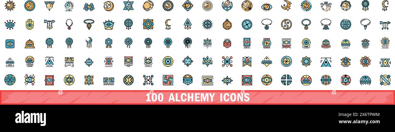 100 alchemy icons set. Color line set of alchemy vector icons thin line ...