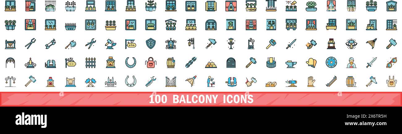100 balcony icons set. Color line set of balcony vector icons thin line color flat on white ...