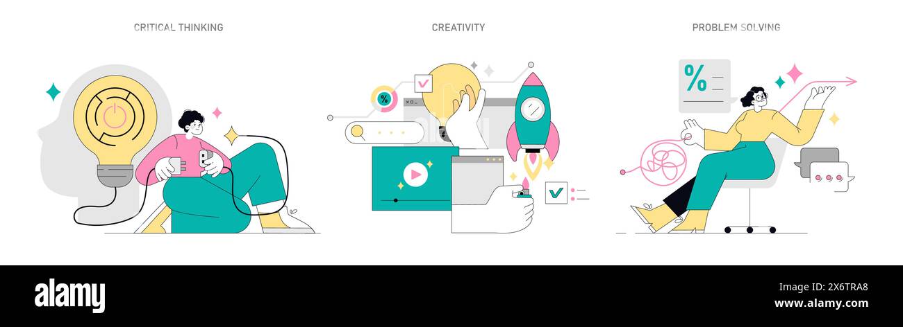 Soft Skills set. Illustration of critical thinking, creativity, and problem-solving concepts ...