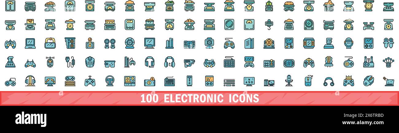 100 electronic icons set. Color line set of electronic vector icons ...
